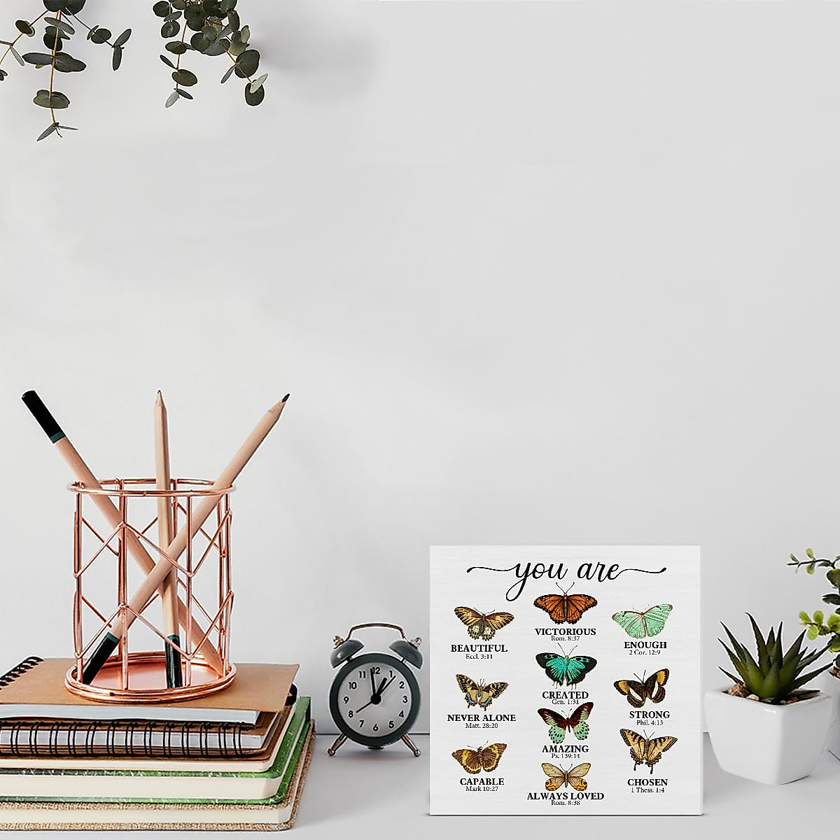 Inspirational Bible Verse Wooden Box Sign Christian Home Decor Butterfly You Are Beautiful Scriptures Wood Sign Desk Decoration Religious Wood Block Plaque Box for Shelf Nursery 5 x 5 Inches