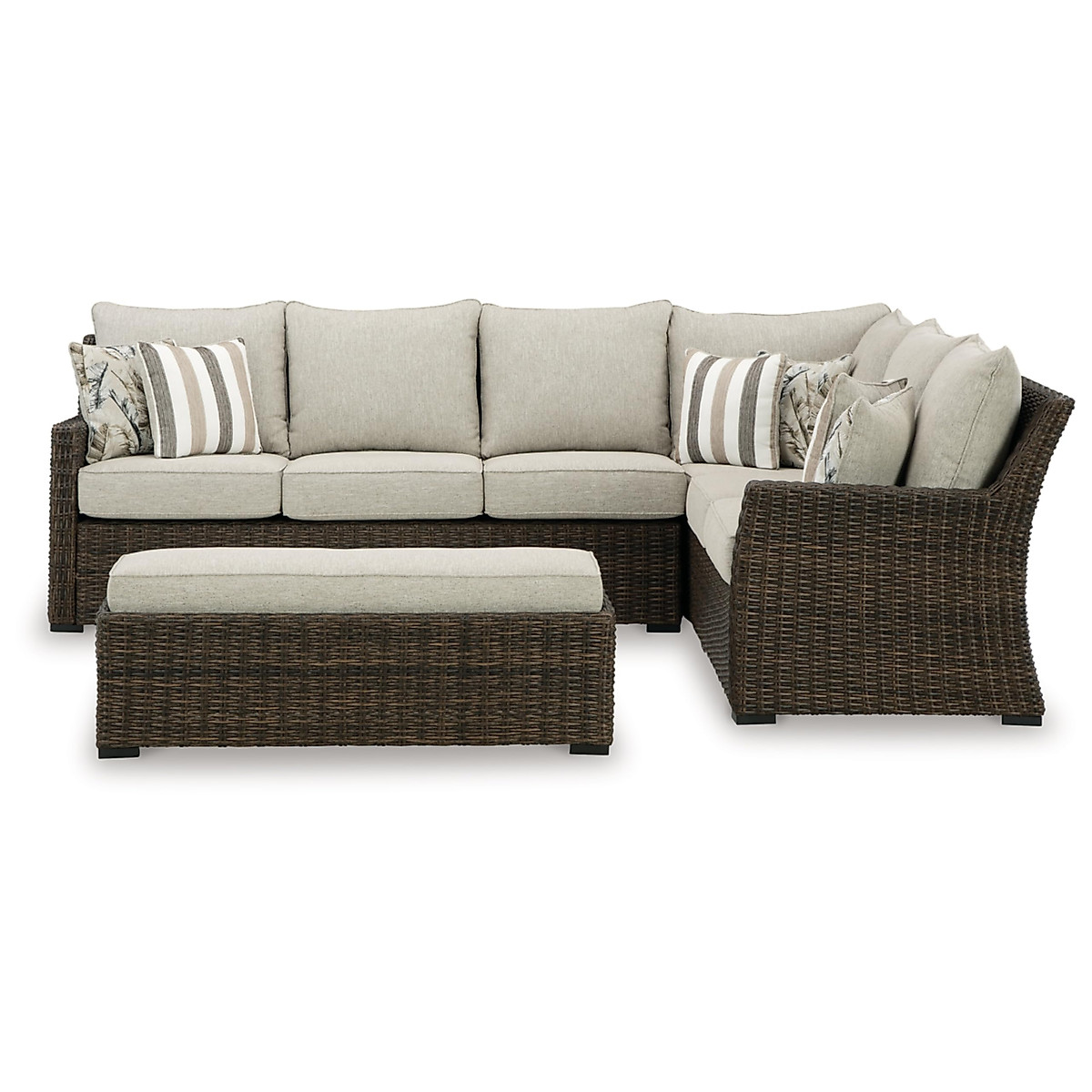 Signature Design by Ashley Brook Ranch Casual Weather Resistant Right Hand Facing Outdoor Sofa Sectional/Bench with Cushion and 6 Throw Pillows, Set of 3, Beige & Dark Brown
