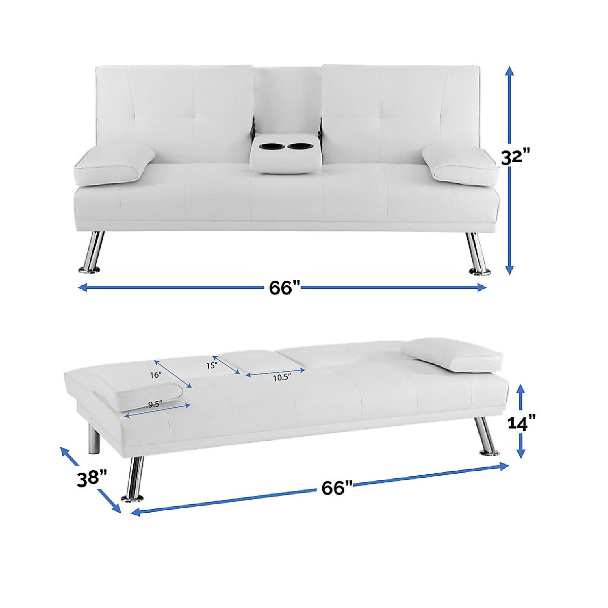 Naomi Home White Faux Leather Futon Sofa Bed, 3-Position Reclining Small Couch with Armrest, 2 Cupholders, 500 lbs Weight Capacity, Living Room