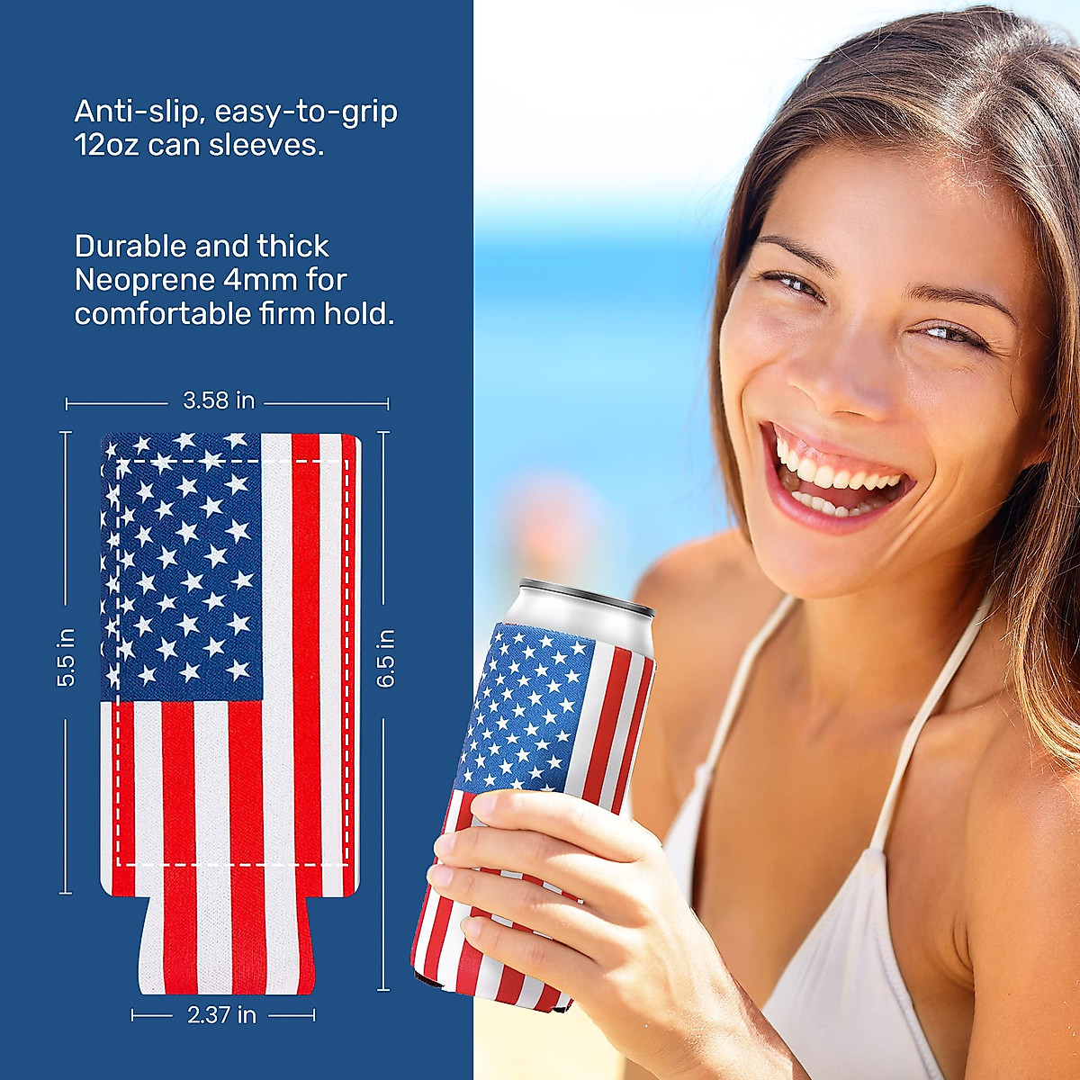 QualityPerfection Slim Can Cooler Sleeves (6 Pack) Insulated, Beer/Energy Drink Neoprene 4mm Thickness Thermocoolers for 12 oz Tall Skinny Beverage (Waving USA Flag)