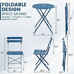 Kromax Outdoor Patio Bistro Set, Folding Bistro Table and Chairs Set, 3 Piece Folding Patio Furniture Set, Space Saving, Blue