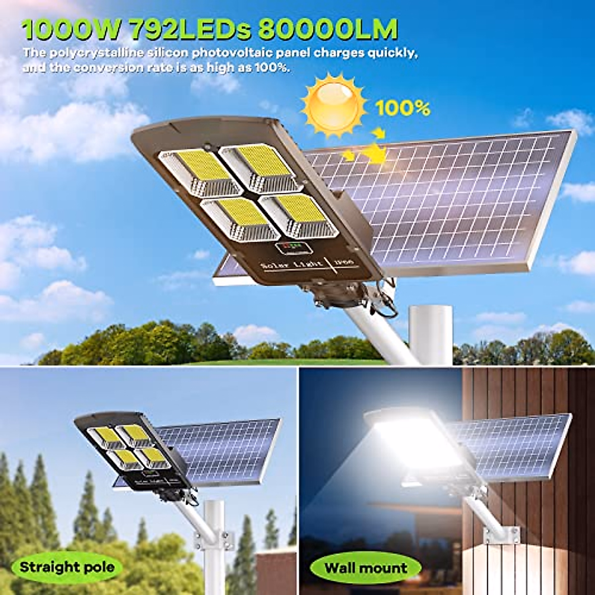 HYPERAZA 1000W Solar Street Lights Dusk to Dawn Solar Light 80000LM High Brightness Remote Controlled Solar Street Light Outdoor with Motion Sensor IP66 Waterproof fit for Yard, Garden, Parking Lot
