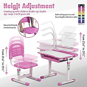 LINKLIFE Kids Functional Desk and Chair Set, Height Adjustable Children School Study Desk with Tilt Desktop, Bookstand, Pencil Case,LED Light, Metal Hook and Storage Drawer for Boys Girls (Pink)…
