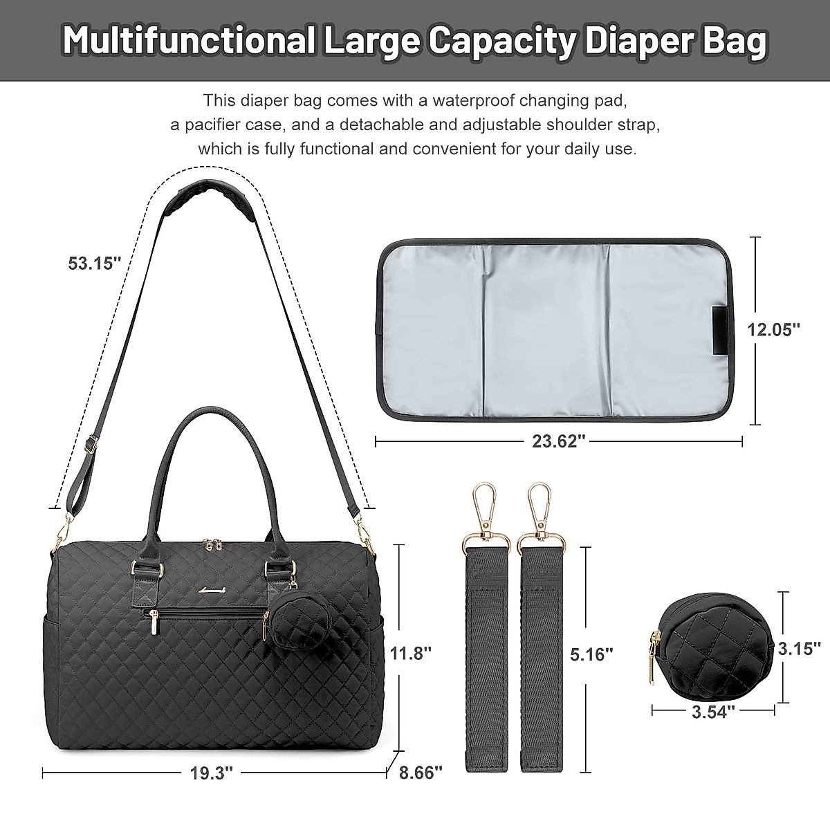 LOVEVOOK Diaper Bag Tote with Pacifier Case and Changing Pad, Large Capacity Mommy Bag for Hospital and Weekender Travel, Functional Baby Bag Newborn Baby Essential, Black