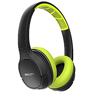 Philips ActionFit SH402 Wireless Bluetooth Headphones, IPX4 Splash-Resistance, Up to 20 hours of Play time, Echo Cancellation, Quick Charge, Smart Pairing and Cooling Earcups - Black/Green (TASH402LF)