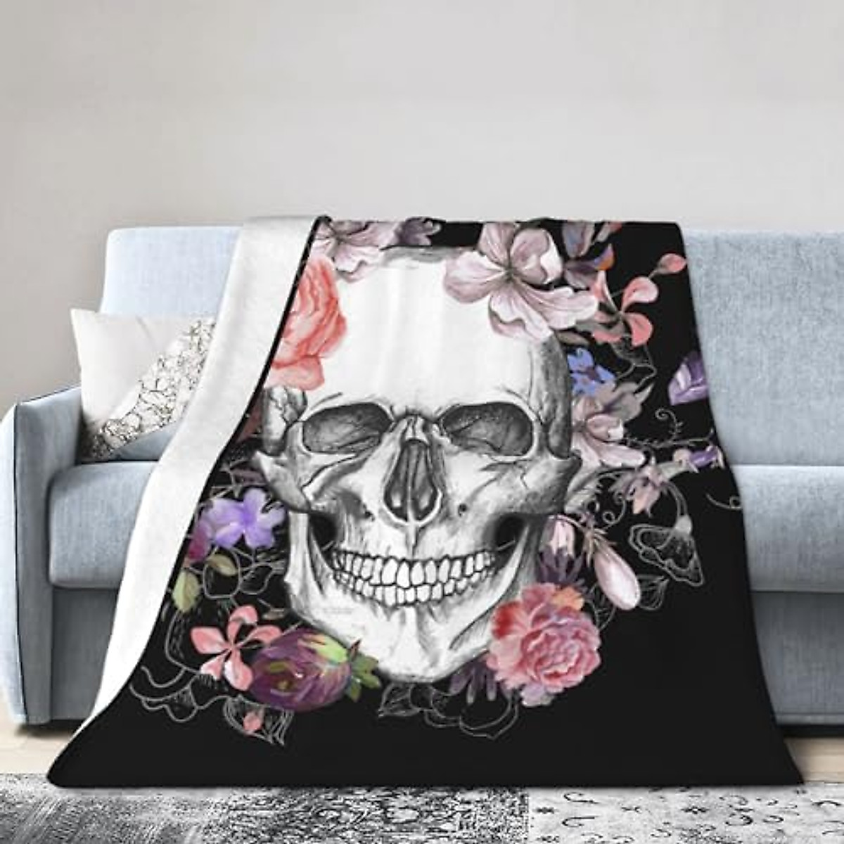 Skull Throw Blanket Soft Warm Cozy Winter Decorative Gothic Flannel Fleece Blankets for Living Room Farmhouse Couch Outdoor 60 X 50 inch