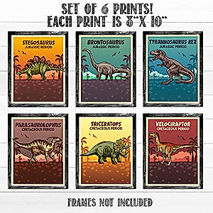 Dinosaurs - Set of Six Prints - 8x10 Unframed Art Prints - Makes a Great Gift Under $20 for Jurassic Boy's Room Wall Decor