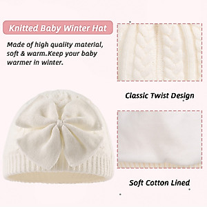 Baby Girl Winter Hat Cute Bow Baby Beanie Warm Knitted Hats for Infant Toddler Girls (White, S)