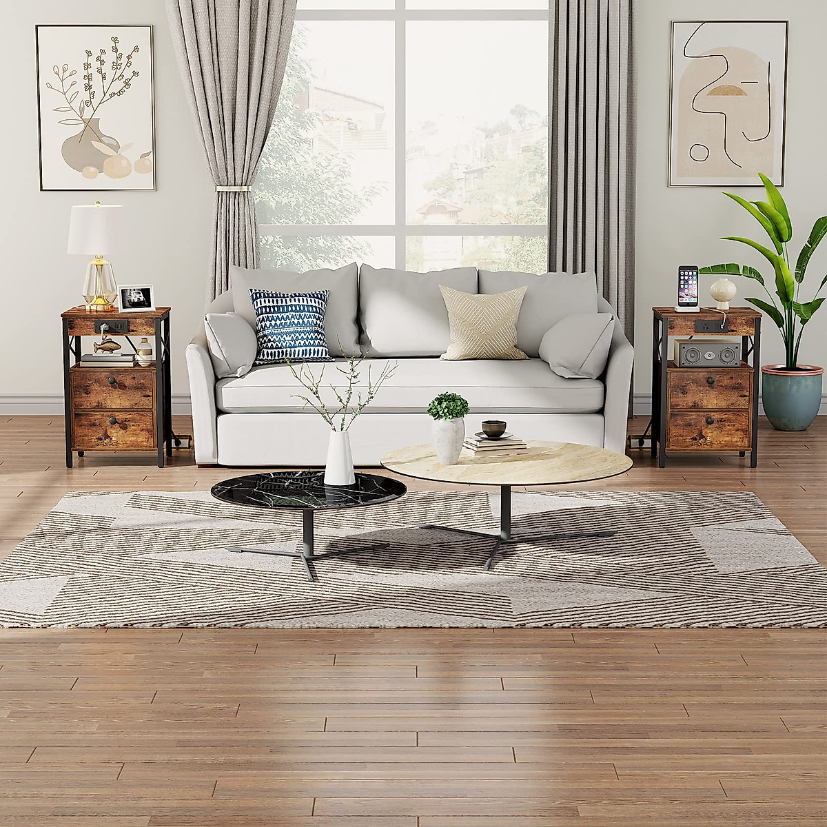 HOOBRO Nightstand with Charging Station, End Table with 2 Drawer, Sofa Side Table with USB Port, Multi-Level Storage Space, for Bedroom, Adjustable Feet, Stable, Rustic Brown and Black BF138UBZ01