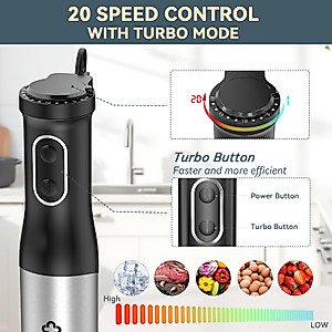 LINKChef 7 in 1 Immersion Blender Scratch Resistant, 2 Titanium Steel Blades 800W Hand Blender, 20 Speed and Turbo Mode Stick Blender Immersion with Whisk, Milk Frother, Food Processor, Beaker