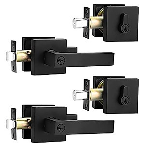 Probrico Square Entry Levers and Single Cylinder Deadbolts Combo Pack, Flat Black Keyed Alike Heavy Duty Keyed Entry Handles Locksets Reversible for Right and Left Side, 2 Pack(All Same Keys)