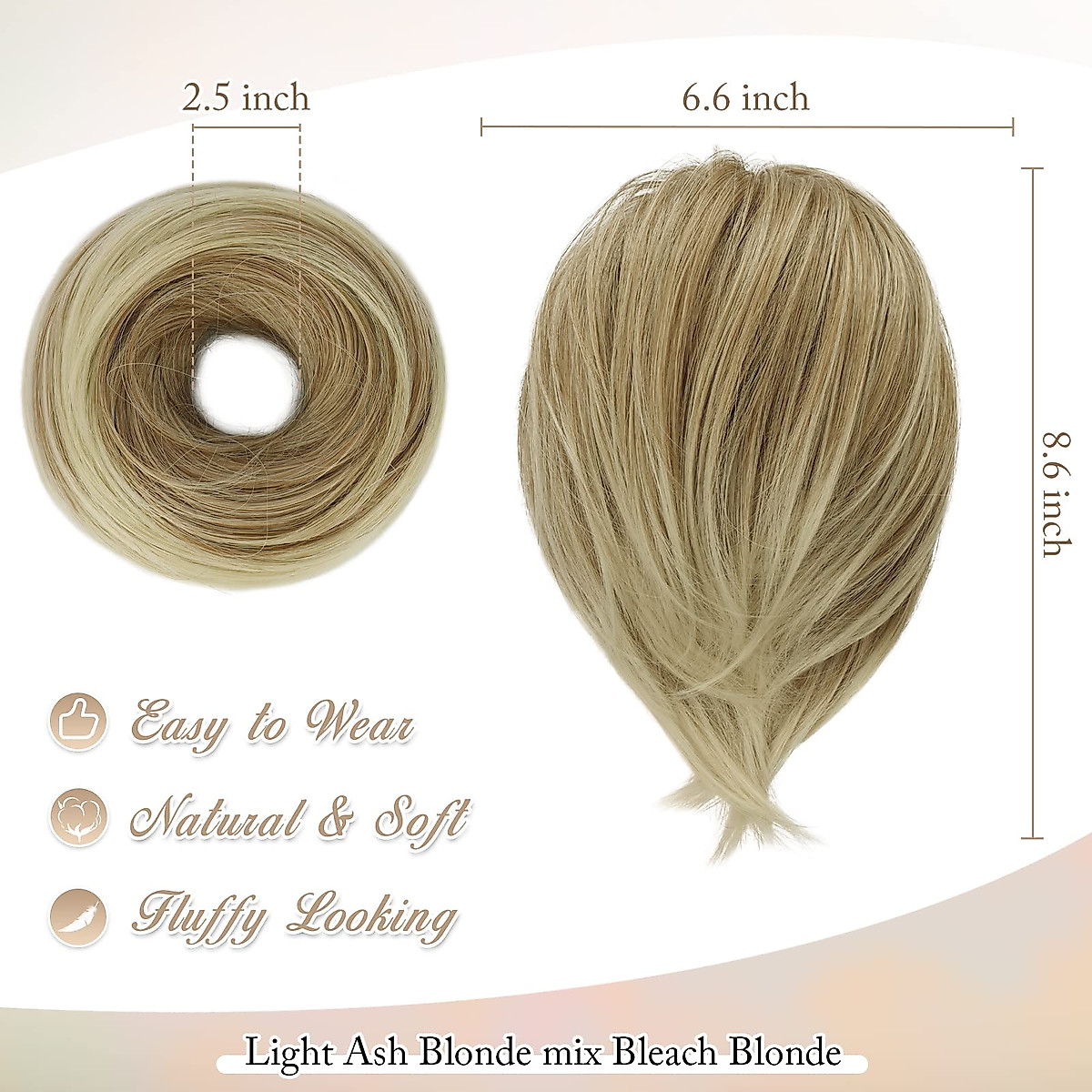 BARSDAR Straight Hair Bun Extensions - Short Straight Ponytail Blonde Hair Bun Extensions for Women, Synthetic Elastic Messy Hair Bun Scrunchies Hairpieces Daily - Light Ash Blonde Mix