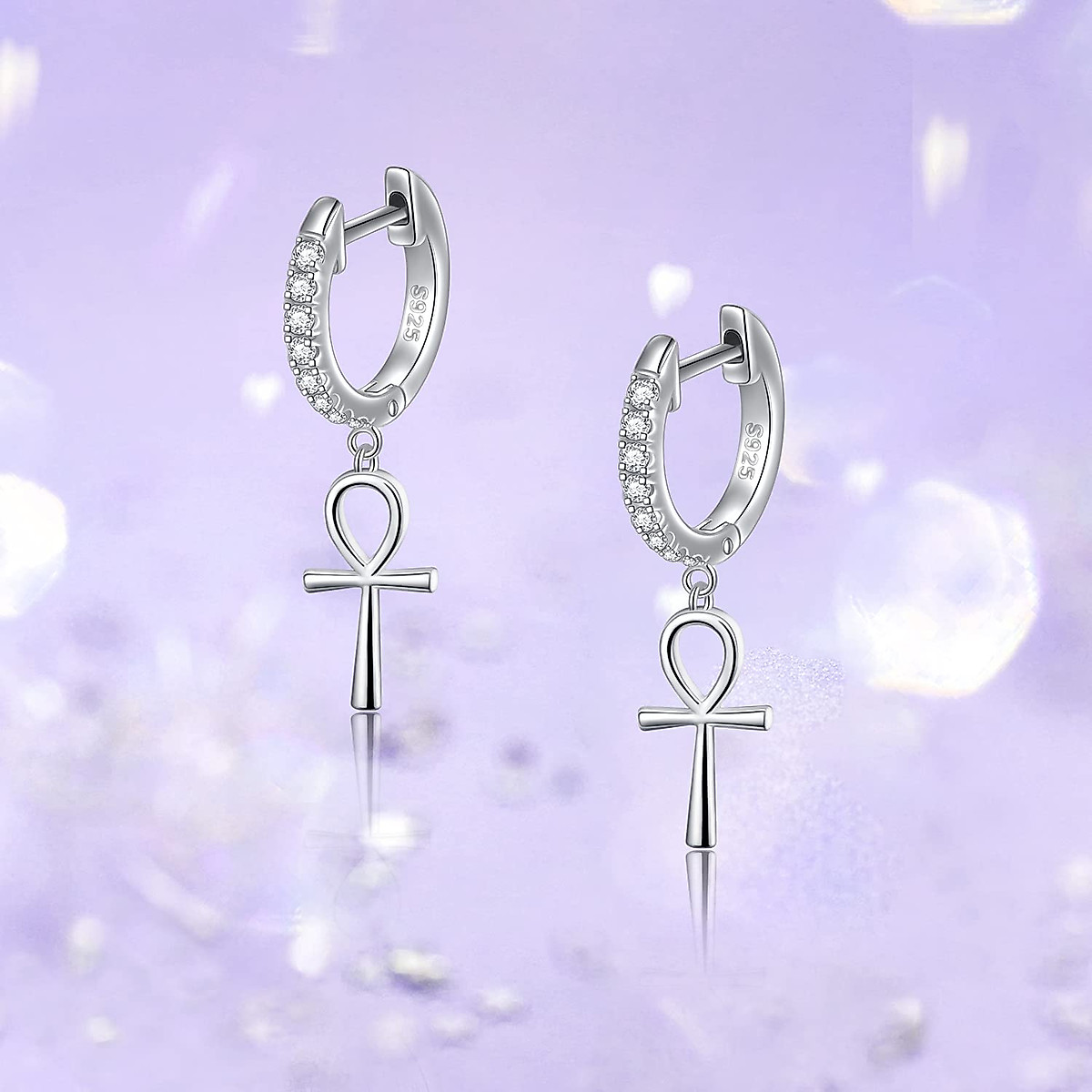 S925 Sterling Silver Ankh Cross Huggie Hoop Dangle Drop Earrings for Women Men Jewelry