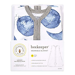 Burt's Bees Baby Baby Beekeeper Wearable Blanket, 100% Organic Cotton, Swaddle Transition Sleeping Bag, Blue, Medium