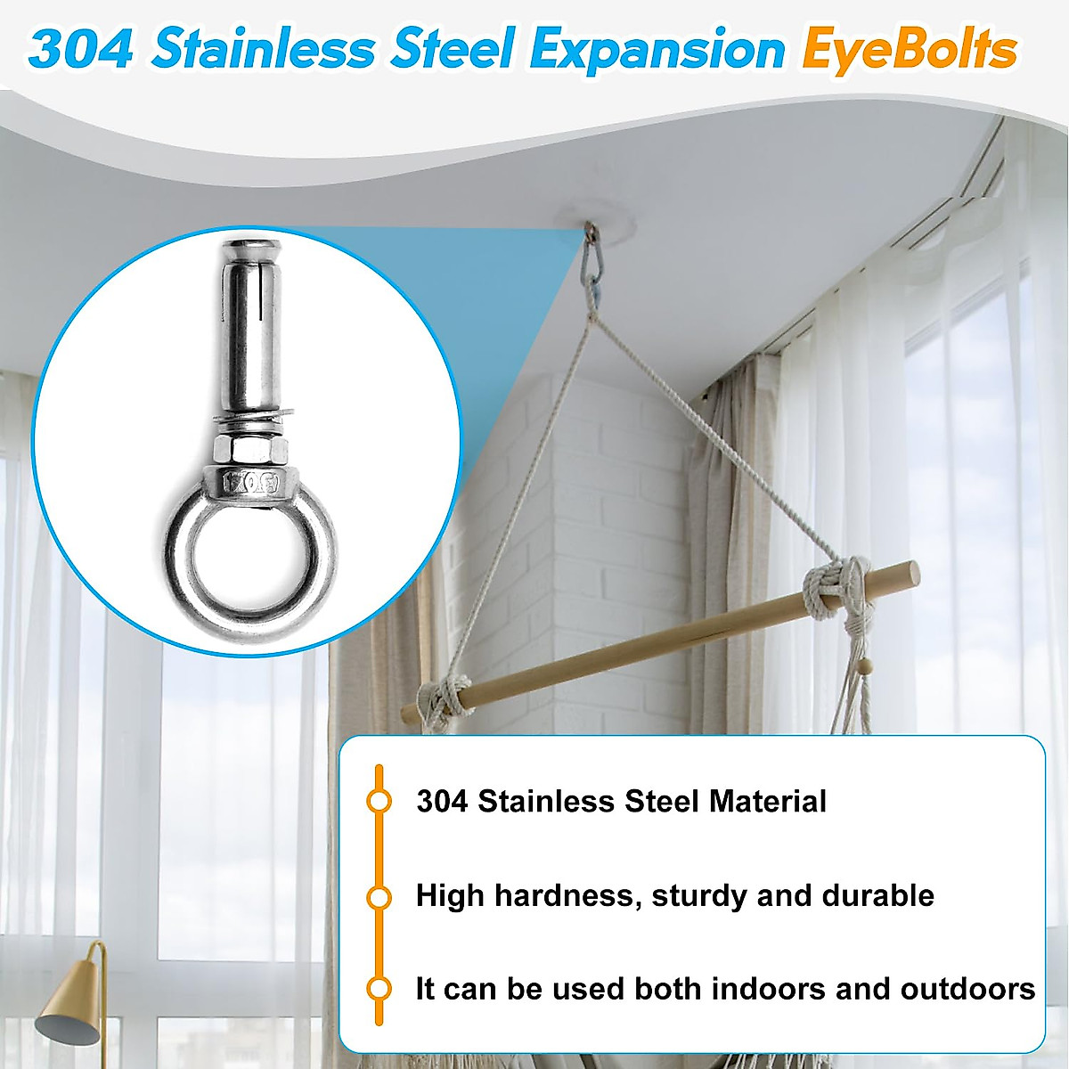 MroMax Expansion Lifting Eyebolt M8x50mm Eye Ring Bolt 2.95" Length 304 Stainless Steel Expansion Bolts with Nuts Eye Hooks Anchor Fastener for Concrete Wall Masonry Ceiling Silver 5Pcs