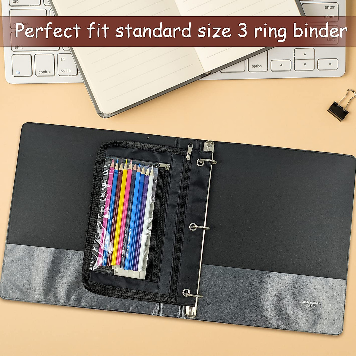 YoeeJob 1 Pack Pencil Pouch for 3 Ring Binder, Expandable Binder Pouches with Zipper, Large Capacity Pen Holder Case with Clear Window School Class Office Organizers, Black