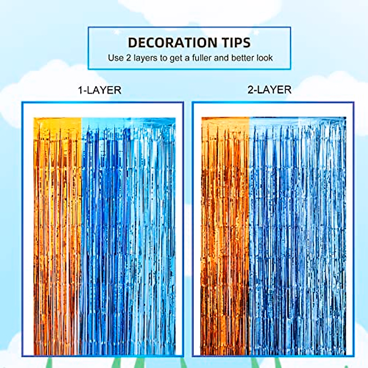 LOLStar Blue Dog Foil Fringe Curtains, Blue Dog Birthday Party Supplies, 2 Packs of 3.3x6.6 ft Orange Blue and Light Blue Tinsel Photo Booth Prop, Streamer Backdrop for Blue Dog Theme Party Decoration