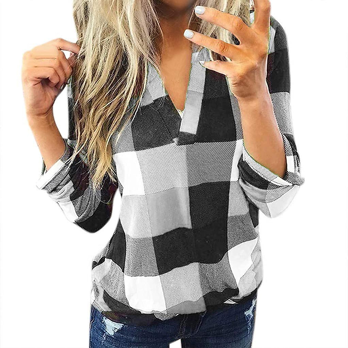 YAnGSale Top Casual Plaid Blouse Women Cotton Sweatshirt Long Sleeve Shirts Women's V-Neck Fall Sweaters Pullover Tops White