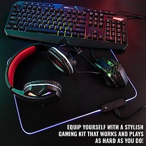 Ritz Gear RGB Gaming Accessories Kit | 4-in-1 Rainbow LED Backlight Bundle PC Combo with Multimedia Keyboard, Optical Mouse, Mouse Pad & Headset w/Adapter | for Windows 7+ Desktop, Laptop, Xbox & PS4
