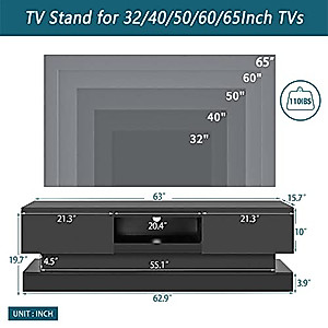 YISUYA Modern Tv Stand, Black Morden TV Stand with LED Lights, High Glossy Front Tv Cabinet, for TV up to 63 Inch, Floor Tv Wall Cabinet, Modern TV Stand, for Living Room or Bedroom