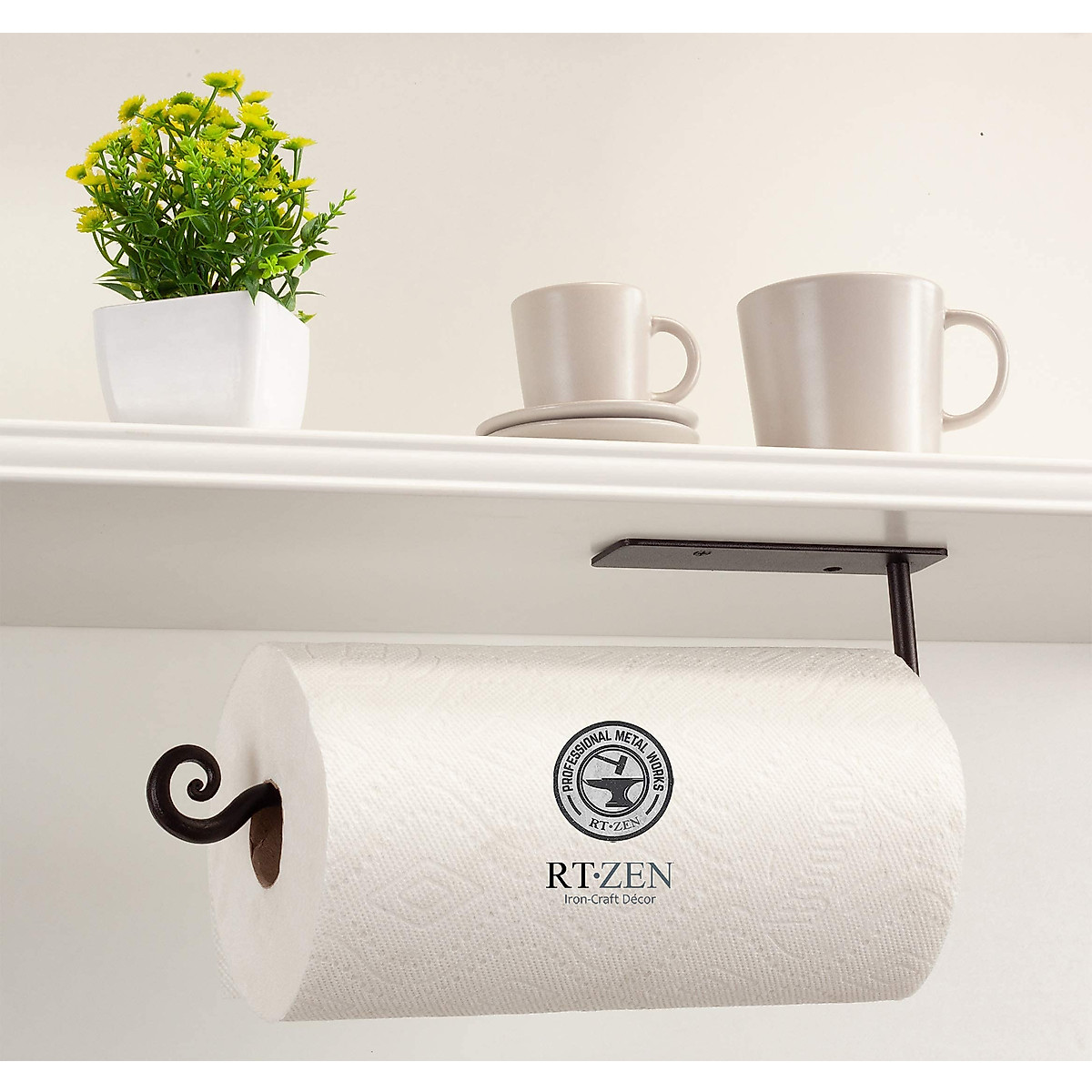 RTZEN Under Cabinet Paper Towel Holder - Wrought Iron Cute Black Farmhouse Decor Inside Cabinet or Under Counter - Paper Towel Holder for Kitchen or Under Sink Paper Towel Holder for Bathroom