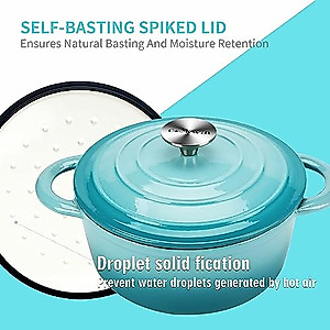 COOKWIN Enameled Cast Iron Dutch Oven, 5 QT Bread Baking Pot with Self Basting Lid, Non-stick Enamel Coated Cookware Pot, Great Christmas Gifts for Family, Teal