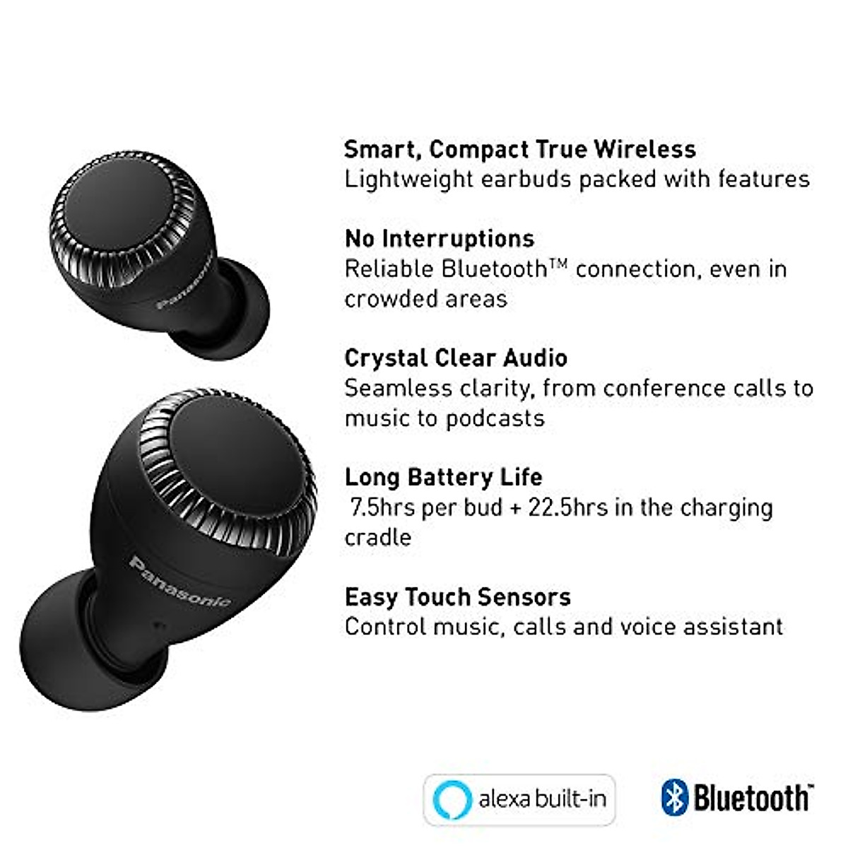 Panasonic True Wireless Earbuds | Bluetooth Earbuds|IPX4 Water Resistant | Small, Lightweight | Long Battery Life, Alexa Compatible | RZ-S300W (Black)