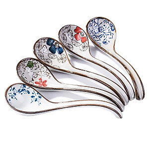 Japanese and Korean Ceramic Soup Spoons set of 5, Hand-Painted, Curved Spoons, Long Handle Rice Spoons