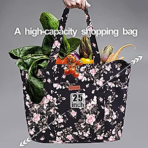 Extra Large Canvas Tote Bag for Women Beach Handbag Lightweight 22 inch Women Fashion Shoulder Bag for Hauling Beach Gear, Shopping Finds, or Everyday Essentials（Black Flower）