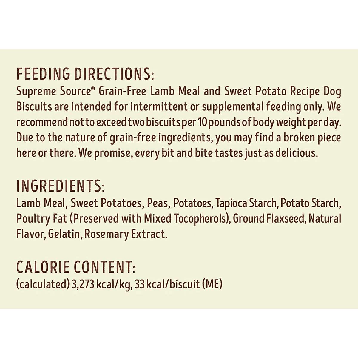 Supreme Source Grain Free Protein Dog Biscuits, Lamb Meal & Sweet Potato Recipe, 1 Pound Bag