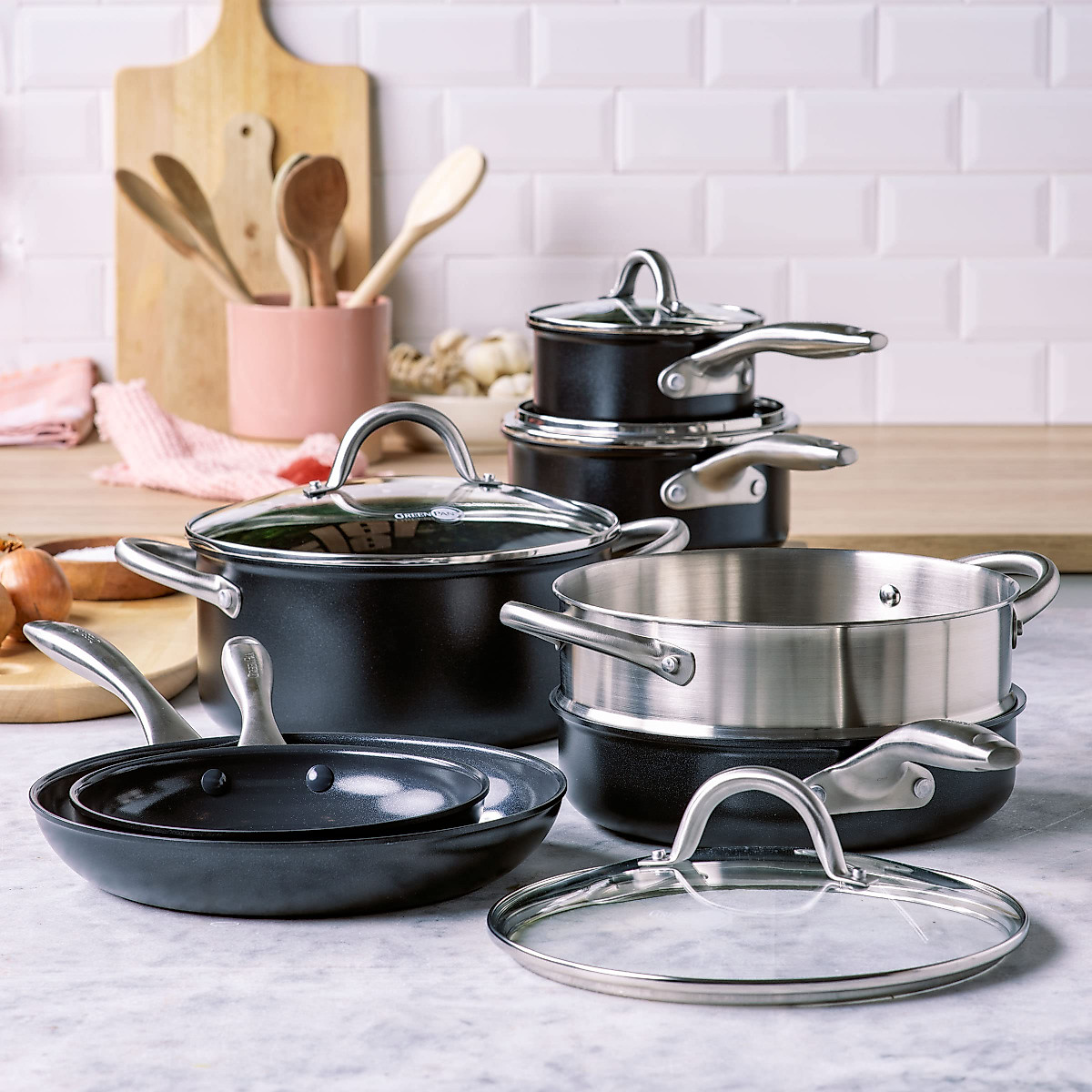 GreenPan Lima Midnight Hard Anodized Healthy Ceramic Nonstick 8" and 10" Frying Pan Skillet Set, PFAS-Free, Induction, Oven Safe, Black