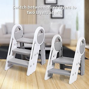 Step Ladder 3 Step Folding Toddler Step Stool for Kids Three Step Standing Tower for Kitchen Counter,Adjustable 3 Step Stools with Handles to 2 Step for Toilet Potty Training （Grey）