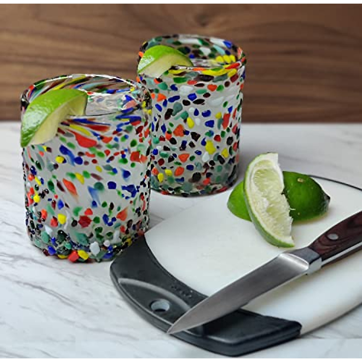 Hand Blown Mexican Drinking Glasses – Set of 6 Confetti Rock Tumbler Glasses (10 oz each)