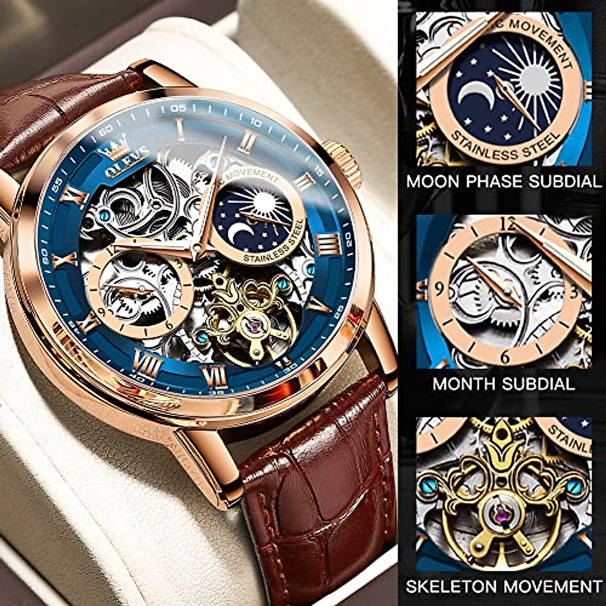 OLEVS Skeleton Watches for Mens Automatic Mechanical Self Winding Tourbillon Leather Strap Luxury Dress Moon Phase Wrist Watches Waterproof Luminous
