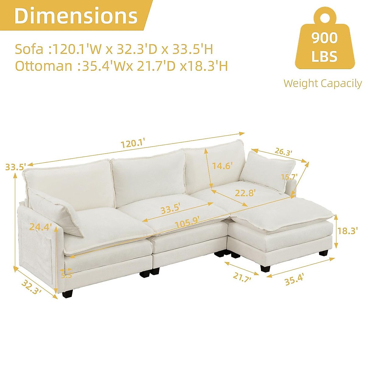Modern Cloud Couch,Deep Seats L-Shaped Chenille Sofa Sleeper with Ottoman,3-Seat Modular Sectional Couch,Comfy Home Couch for Living Room, Apartments,Studio Lounge Sofas Furniture (White, 113"3 Seat)