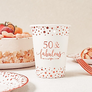 Crisky Rose Gold Foil 50 Fabulous Napkins Plates Cups Set for Women 50th Birthday Party Decorations Supplies, Disposable Tableware Set of 24 (9" Plates, 7" Plates, Luncheon Napkins, 9oz Cups)