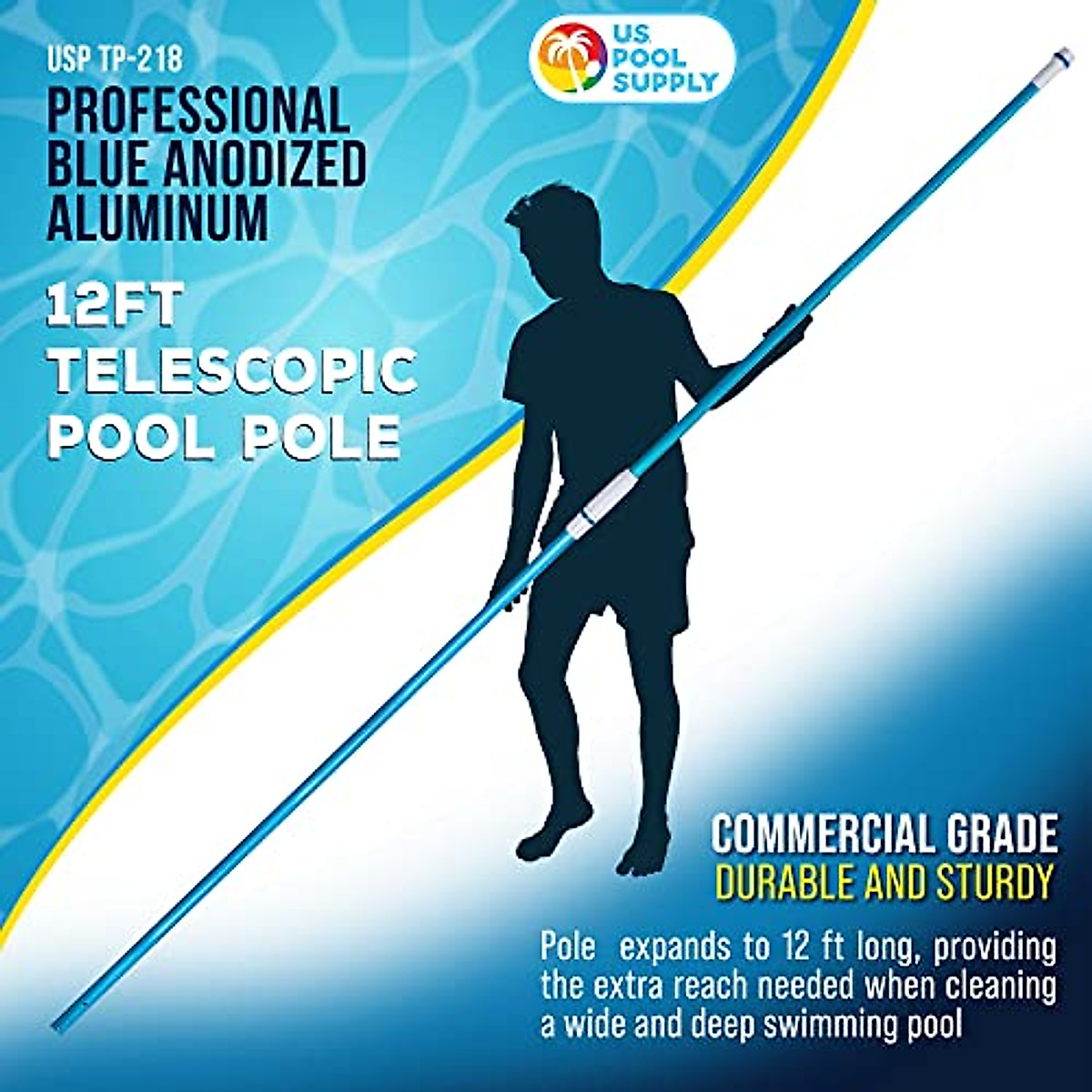 U.S. Pool Supply Professional 12 Foot Blue Anodized Aluminum Telescopic Swimming Pool Pole, Adjustable 2 Piece Expandable Step-Up - Attach Connect Skimmer Nets, Rakes, Brushes, Vacuum Heads with Hoses