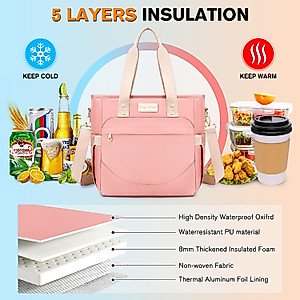 Fresh-flash Women's Large Insulated Lunch Bag, Pink, Reusable, Leakproof, Thermal, 13.8"L x 11.8"H x 6.5"W