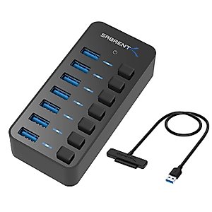 7 Port USB 3.0 Hub with Individual Power Switches and LEDs Includes 36W 12V/3A Power Adapter+USB 3.0 to SSD / 2.5 Inch SATA I/II/III Hard Drive Adapter