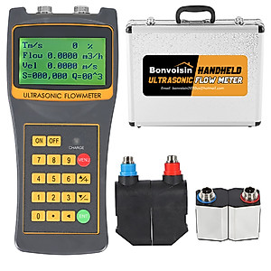 Bonvoisin Handheld Ultrasonic Flow Meter Portable Clamp on Flowmeter with Data Output S1+M2 Sensors for Seawater Alcohol Industrial Sewage DN15-700mm (1/2-28")