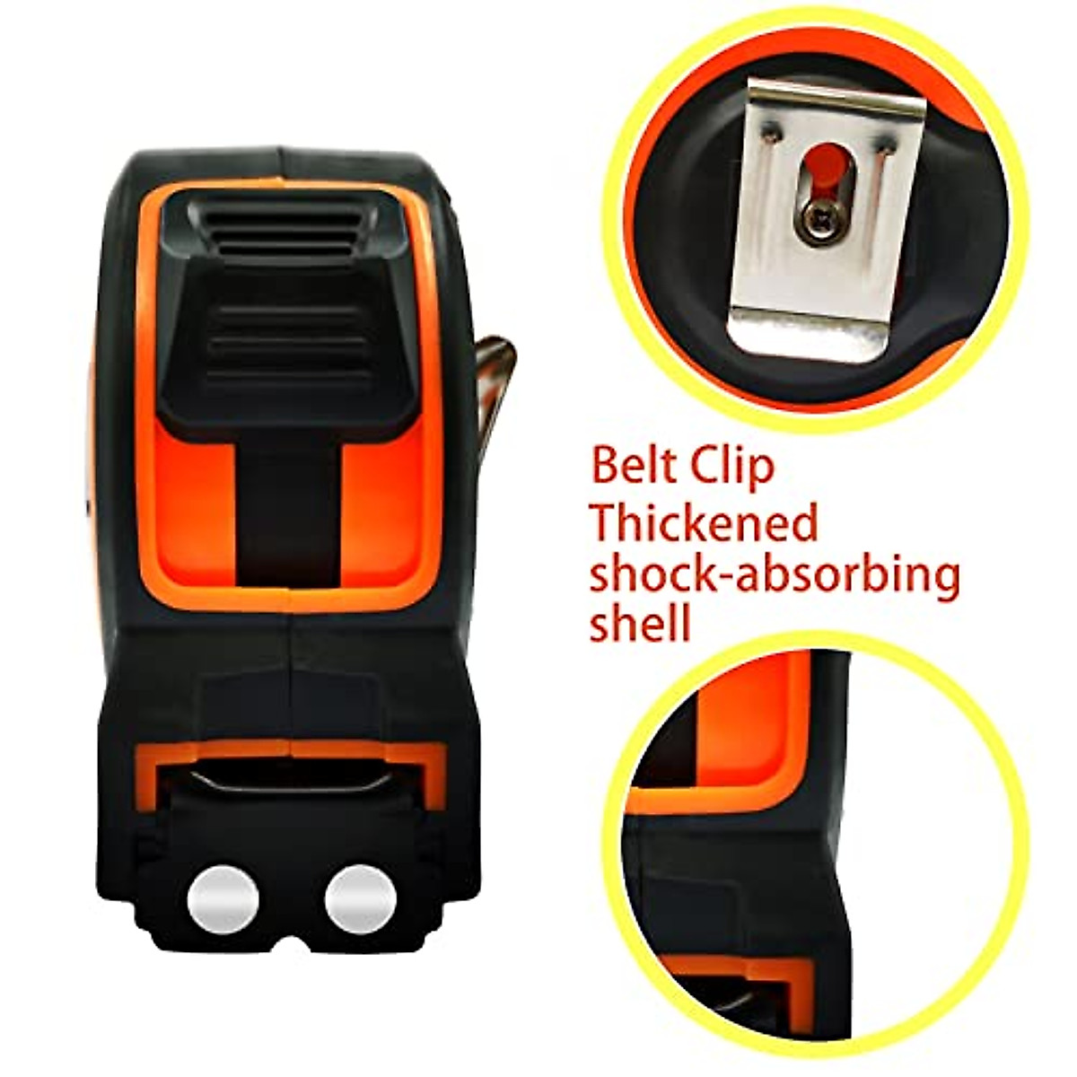 Tape Measure 25 Ft, Easy Read Fractions, Magnetic Hook, Bottom Temporary Finger Lock, Shock Absorbent Rubber Case