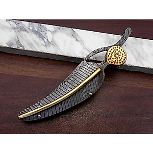 8" hand forged Damascus steel leaf folding pocket knife custom made, Engraved Damascus scale with bras art work cow leather sheath (Damascus) (Full Damascus)
