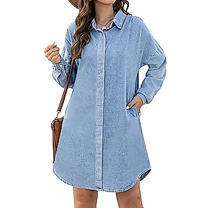 KDF Denim Dress for Women Long Sleeve Denim Shirt Dresses Women with Pockets Button Down Babydoll Jean Dresses for Women 2023 Light Blue Size X-Large