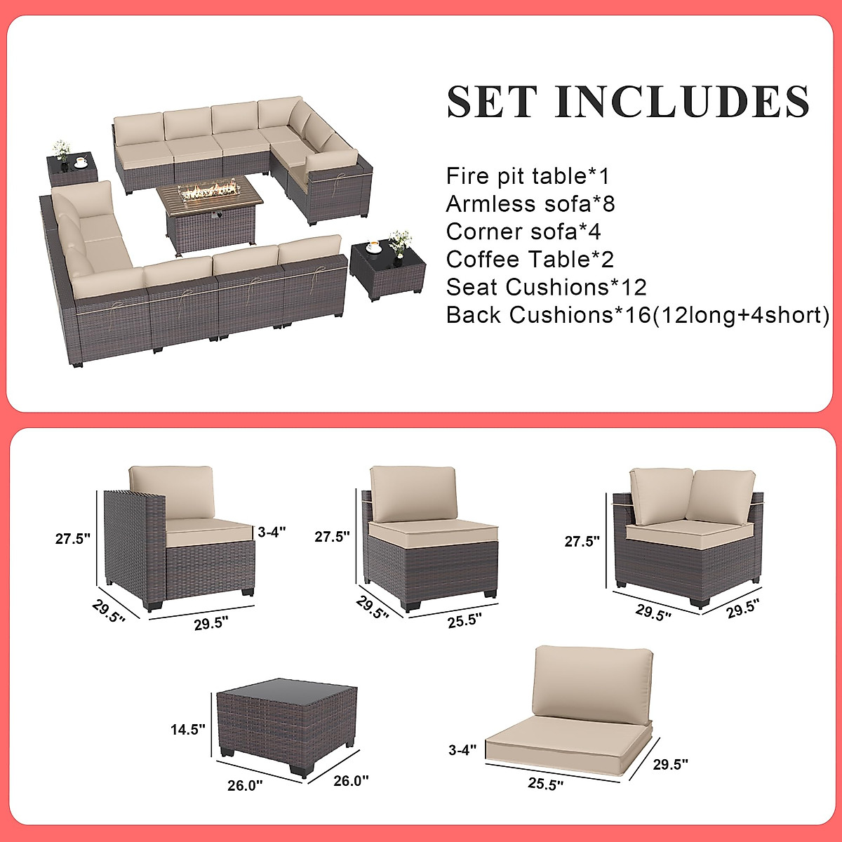 Gotland 15 Piece Outdoor Patio Furniture Set with Gas Fire Pit Table Sectional Sofa w/43in Propane Pit, 55,000 BTU Auto-Ignition Firepit w/Glass Wind Guard