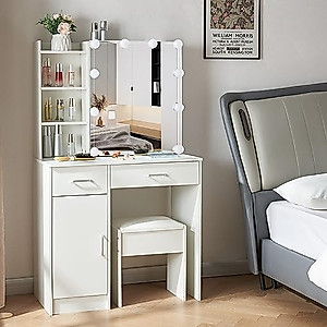 Vanity Set with 3 Color Lighted Mirror, Makeup Vanity Table with Storage Shelves & Drawers, Dressing Table Makeup Desk with Stool,White (H3071)