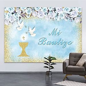 7x5ft Mi Bautizo Backdrop for Boy Baptism Gold Bless Background Blue Flower Golden Dots Photography Baby Shower Banner Party Decorations Floral Newborn Baby Shower Photo Booth Props
