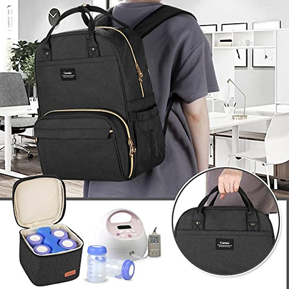 CURMIO Breast Pump Bag with Breastmilk Cooler Bag Compatible for Spectra S1, S2, Medela, and 4 5-Ounce Baby Bottles, Breast Pump Backpack with Laptop Sleeve for Working Moms, Black