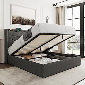 iPormis Queen Size Lift Up Storage Bed Frame with Charging Station, Upholstered Platform Bed Frame with Headboard, Hydraulic Storage, No Box Spring Needed, Noise-Free, Easy Assembly, Dark Grey