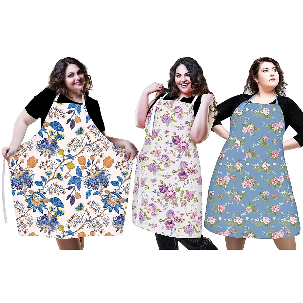 Janmercy 3 Pieces Plus Size Aprons for Women with Pockets Floral Apron Adjustable Cooking Aprons for Kitchen Cooking Baking Household Cleaning Gardening Supplies