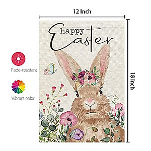CROWNED BEAUTY Happy Easter Bunny Garden Flag Floral 12X18 Inch Small Double Sided for Outside Burlap Yard Holiday Decoration CF761-12